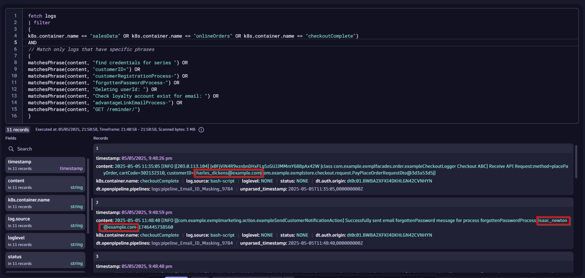 An advanced use case for masking PII like email addresses in logs