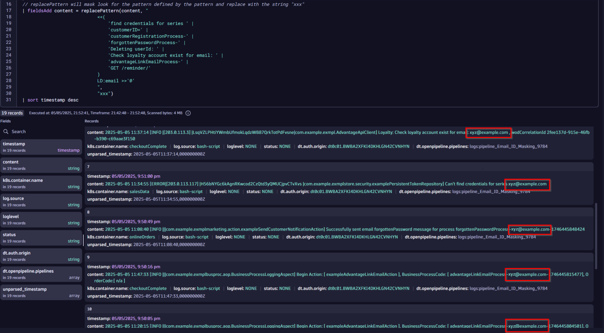 An advanced use case for masking PII like email addresses in logs